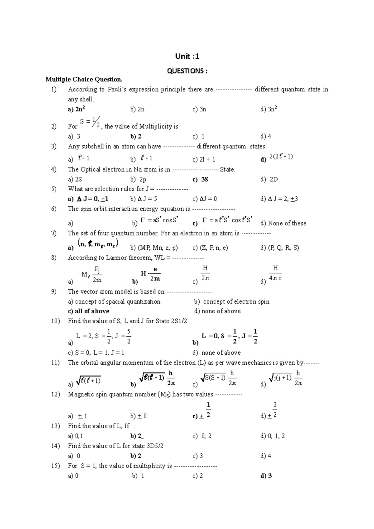 PHY-503 Atomic n molecular physics Questions - Unit : QUESTIONS ...