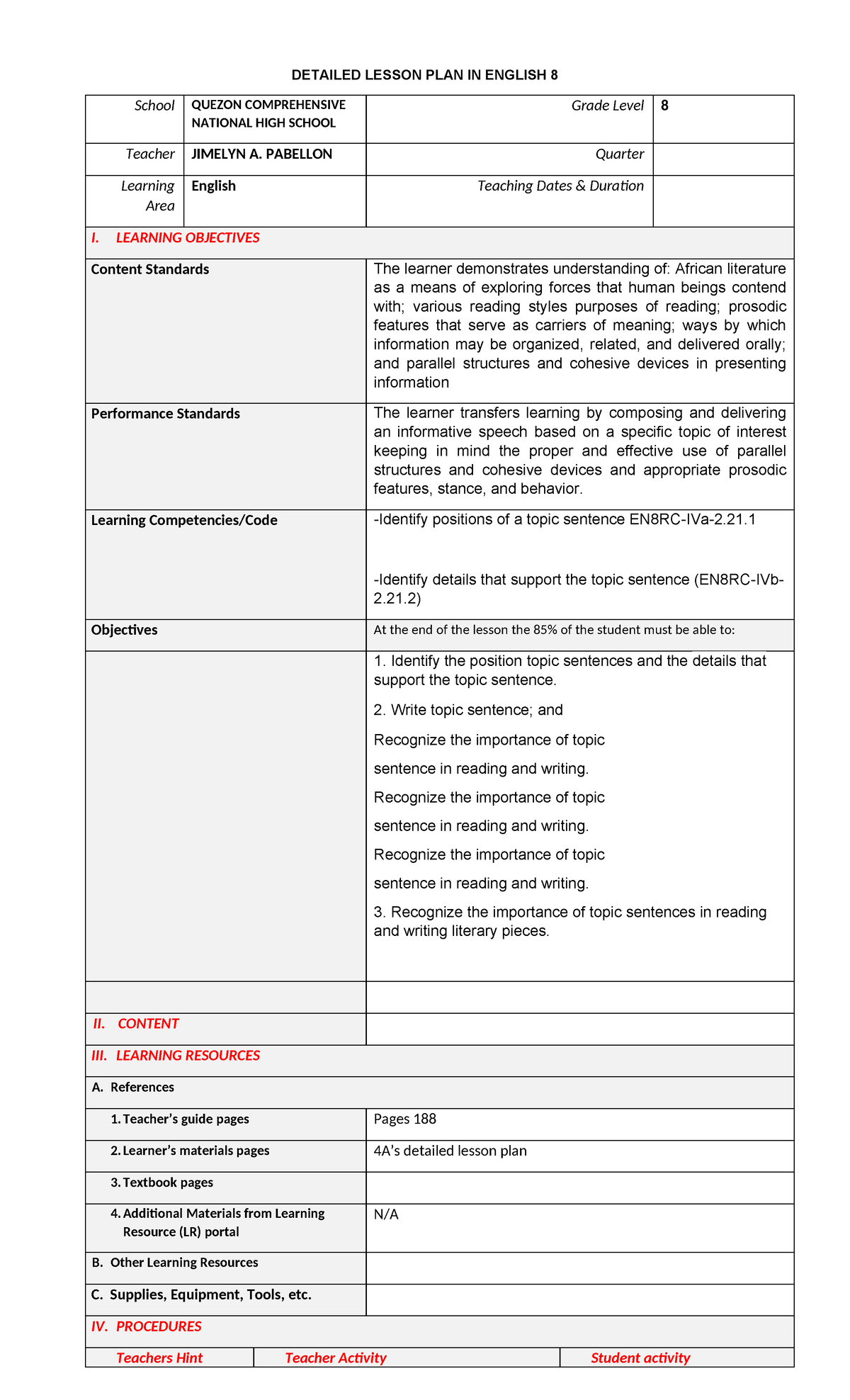 Topic sentence and suporting details - DETAILED LESSON PLAN IN ENGLISH ...