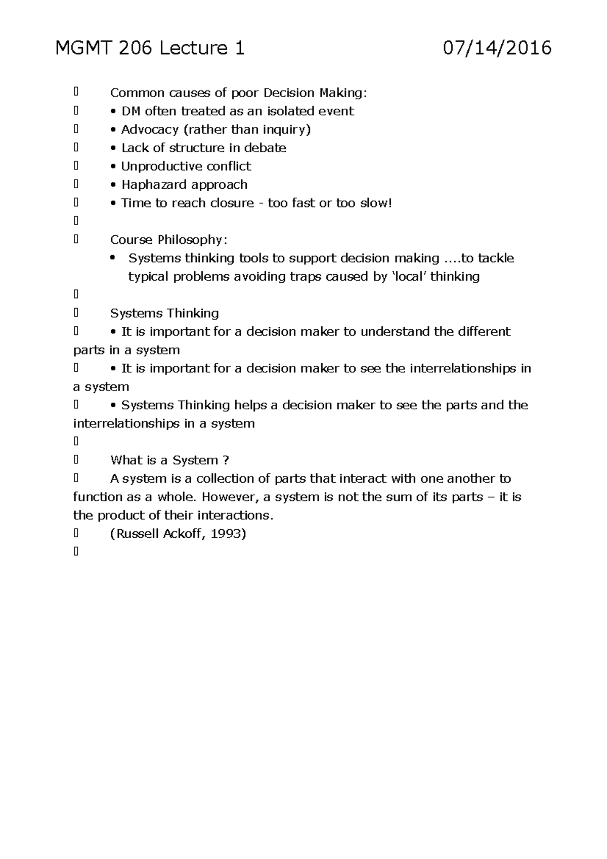 MGMT 206 Lecture Notes - MGMT 206 Lecture 1 07/14/2016 Common causes of ...