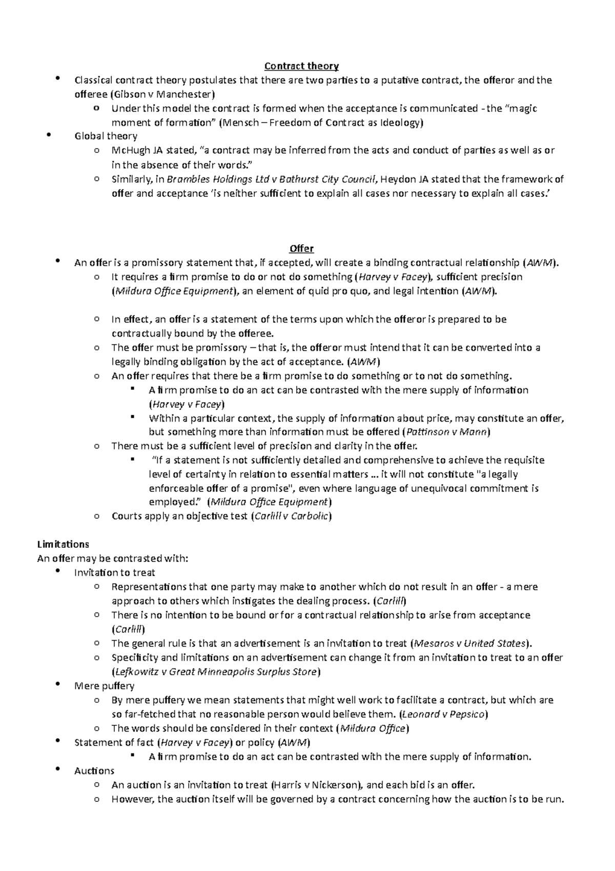 Contracts law summary notes - Contract theory Classical contract theory ...