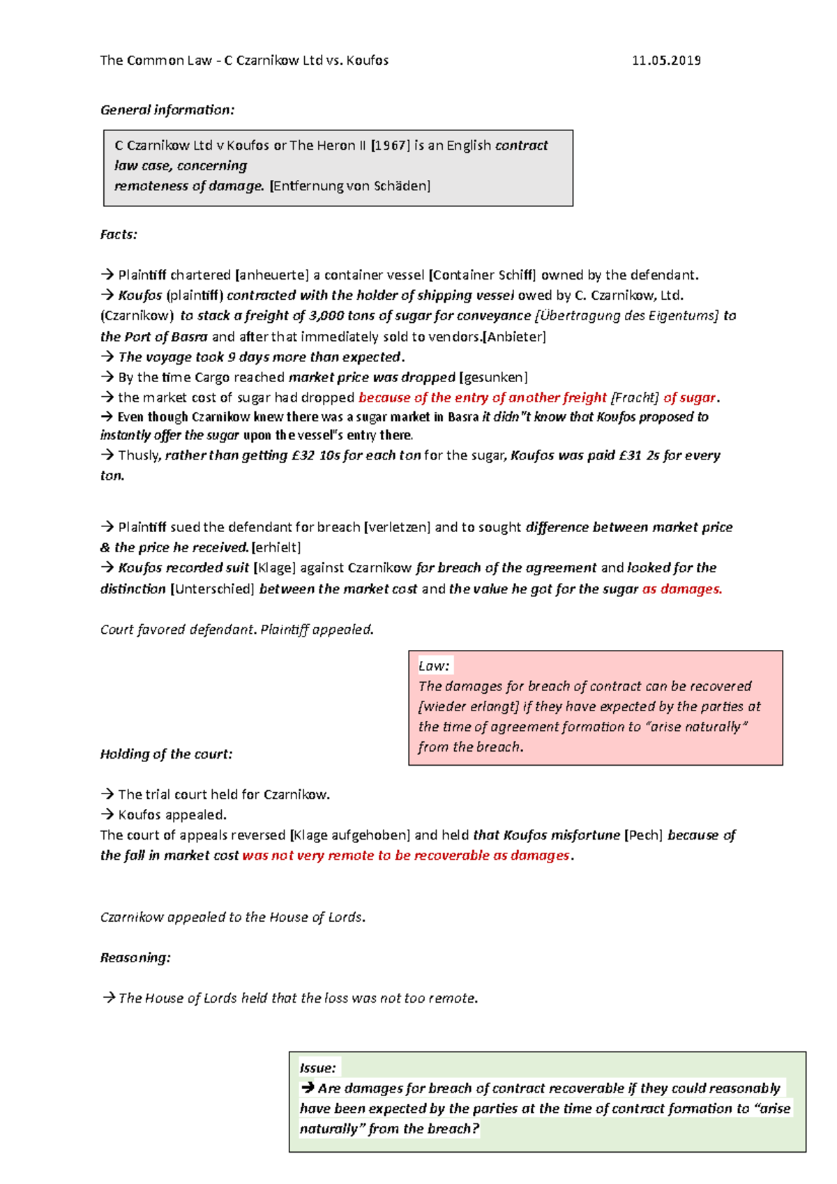 C Czarnikow vs. Koufos - Zusammenfassung um nochmal eine Übersicht über ...