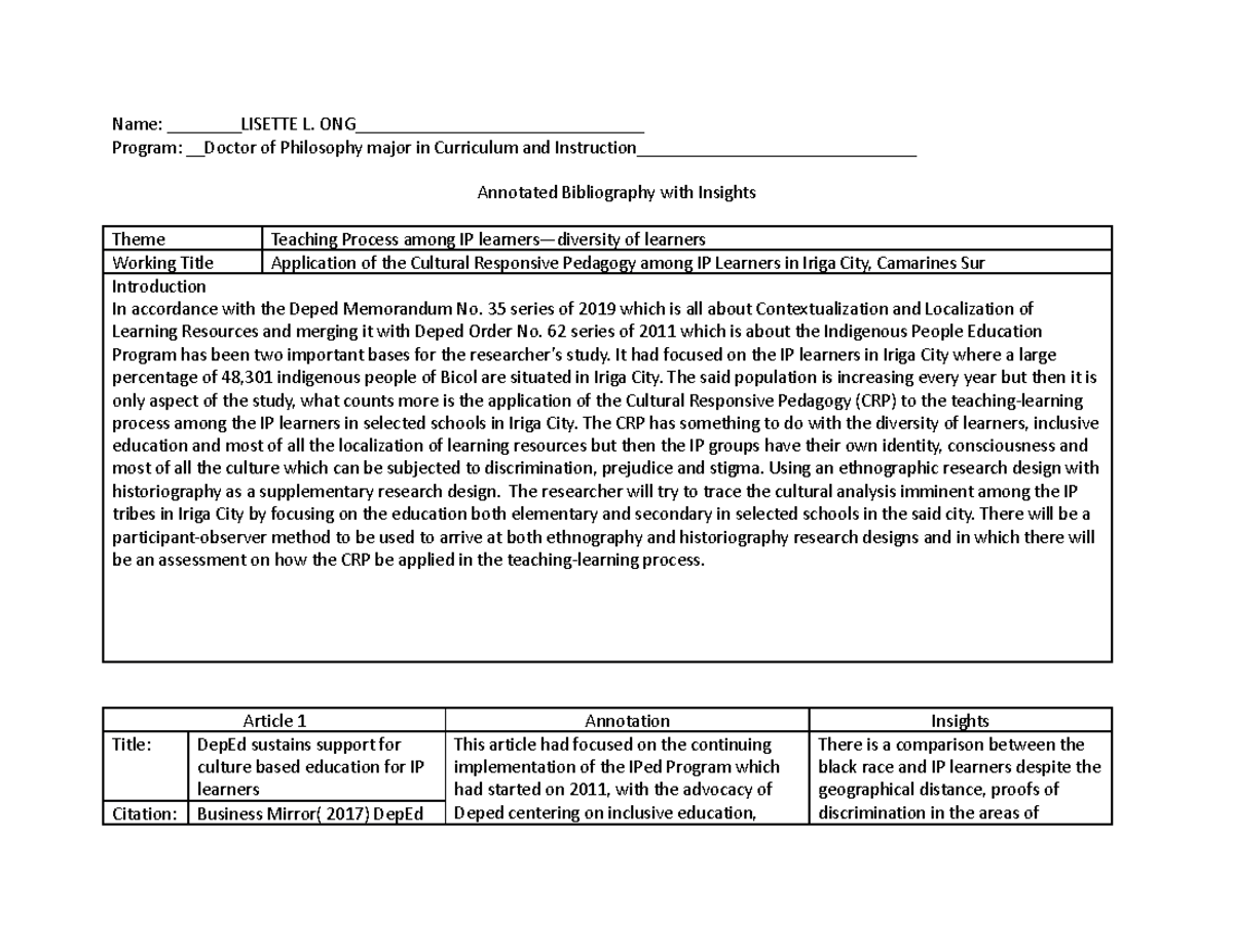 Annotated Bibliography -ong - Name: LISETTE L. ONG ...