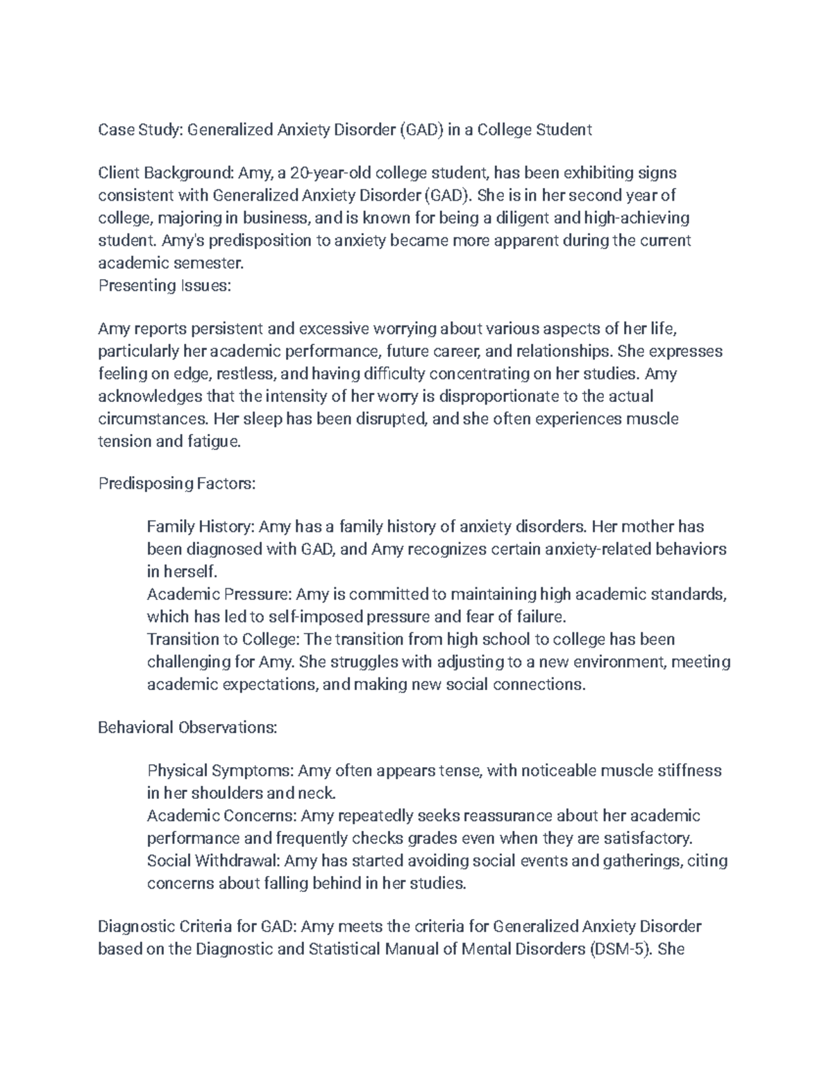 Case Study Generalized Anxiety Disorder (GAD) in a College Student ...
