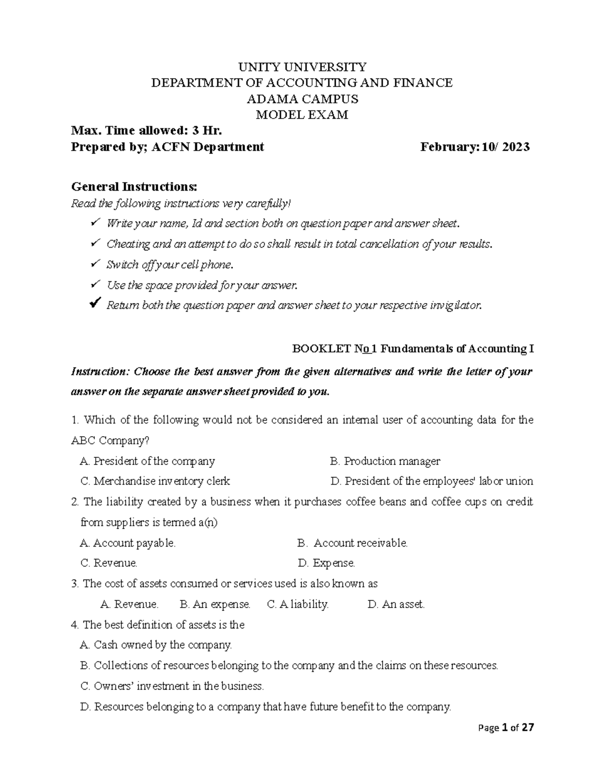 Model EXAM - Exams - UNITY UNIVERSITY DEPARTMENT OF ACCOUNTING AND ...