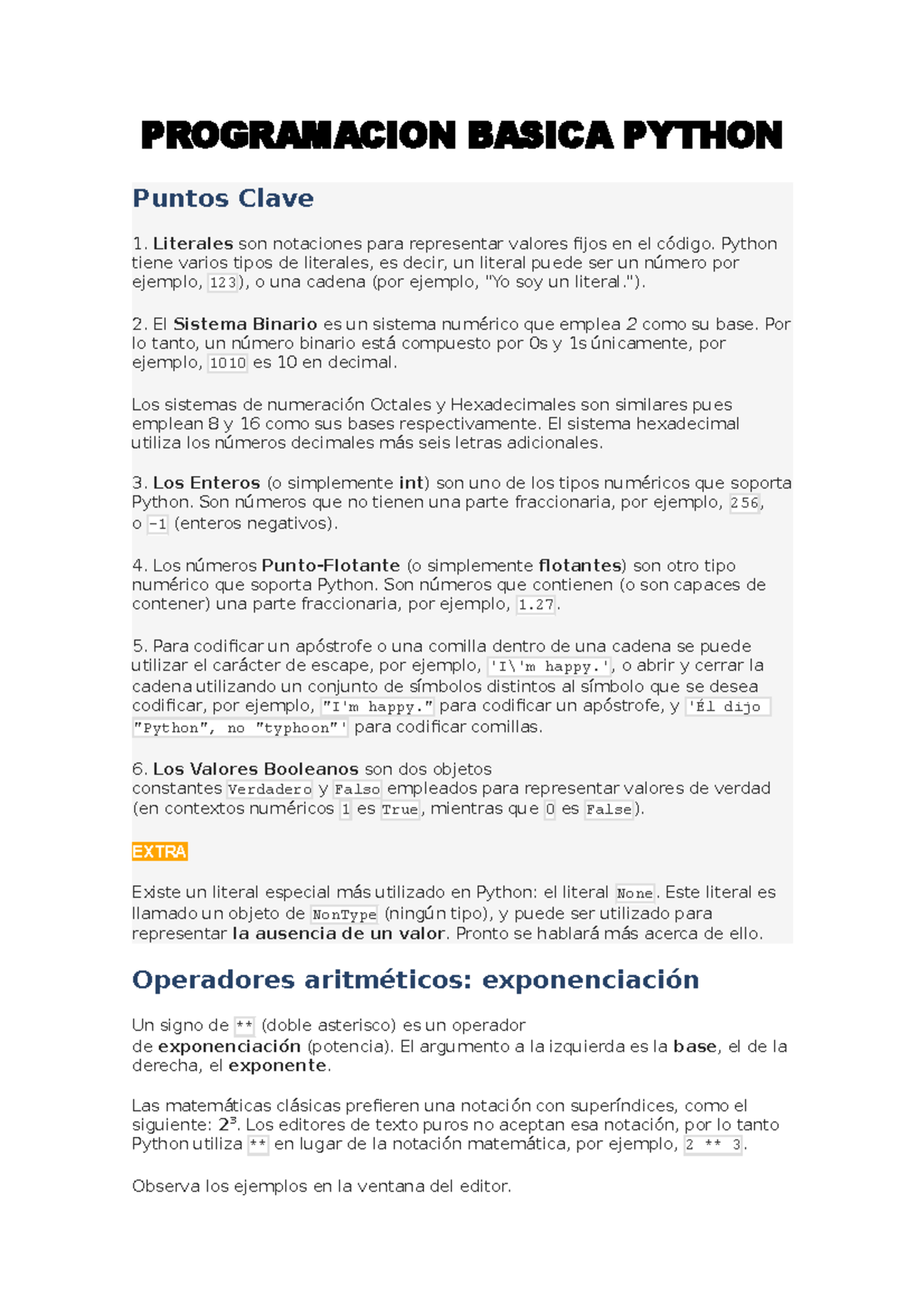 Programacion Basica Python algoritmia 2022 - PROGRAMACION BASICA PYTHON Puntos Clave Literales ...