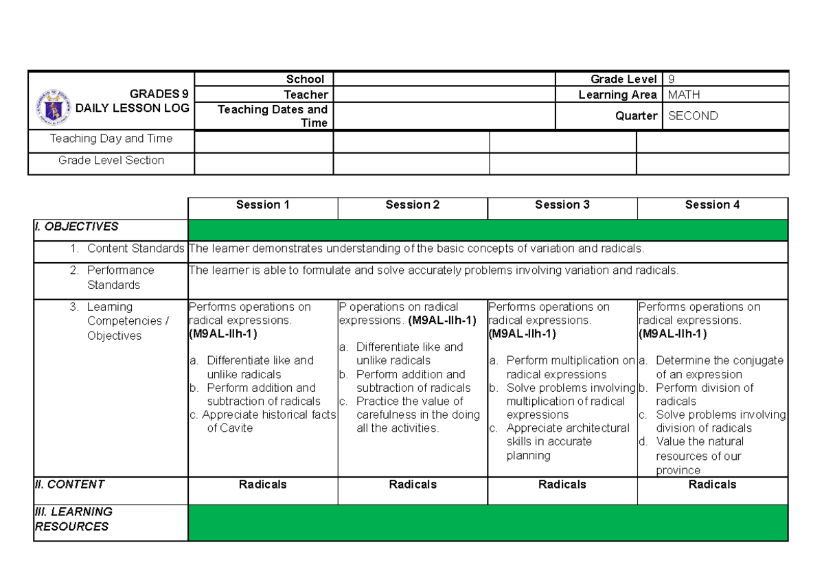 DLL WK 16 LC 26 - Lesson Log for Grade 9 Mathematics Quarter 2. It will ...