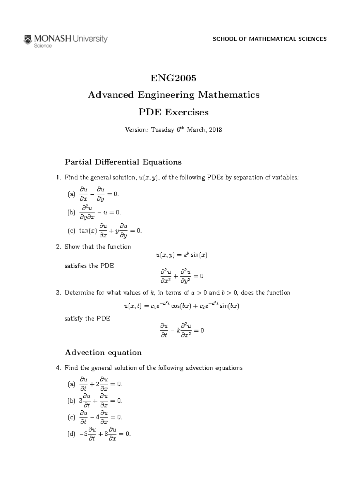 Problem Set 6 - SCHOOL OF MATHEMATICAL SCIENCES ENG2005 Advanced ...