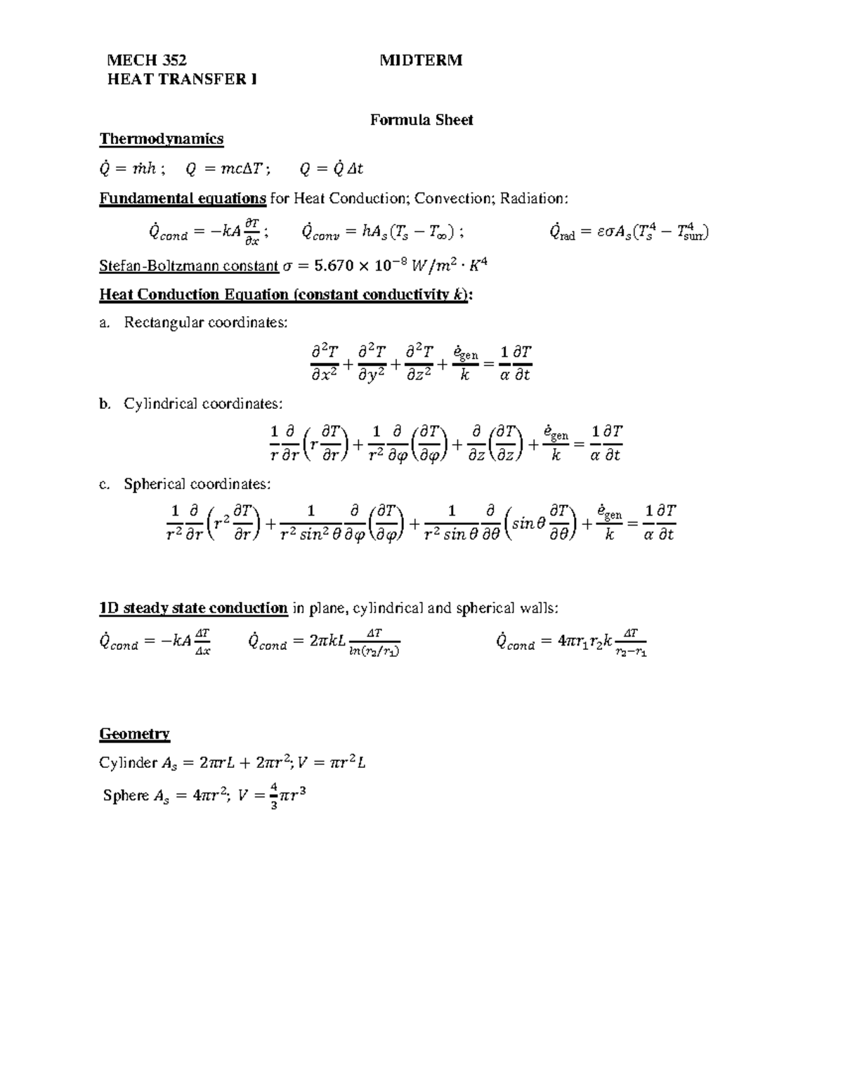 Formula Sheet for Midterm Exam - MECH 352 HEAT TRANSFER I MIDTERM Formula Sheet Thermodynamics ...