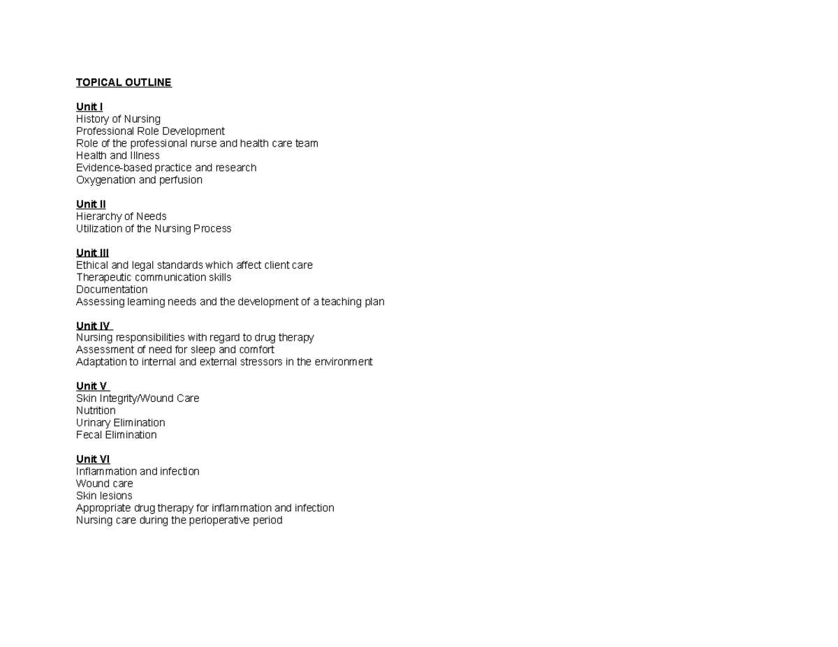 FON Topical Outline 1 - Idk - TOPICAL OUTLINE Unit I History of Nursing ...