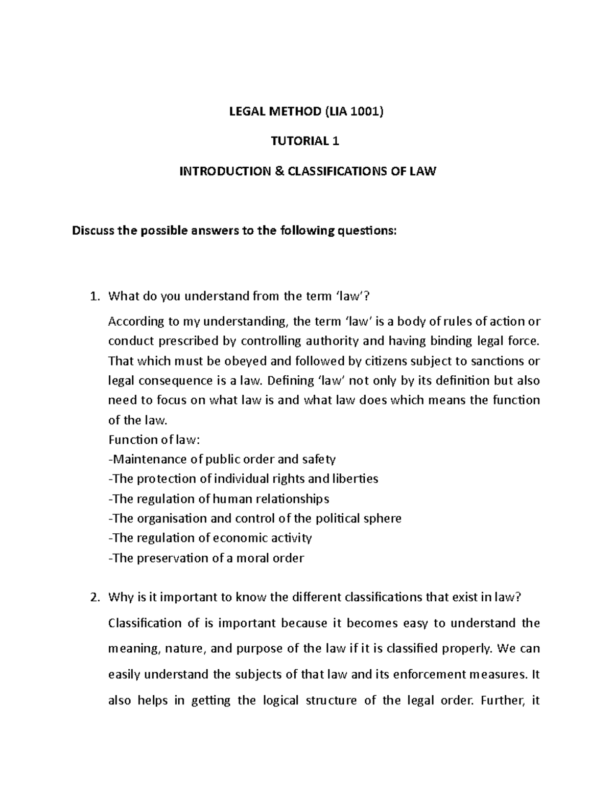 Tutorial 1 Introduction and Classification - LEGAL METHOD (LIA 1001) TUTORIAL 1 INTRODUCTION ...