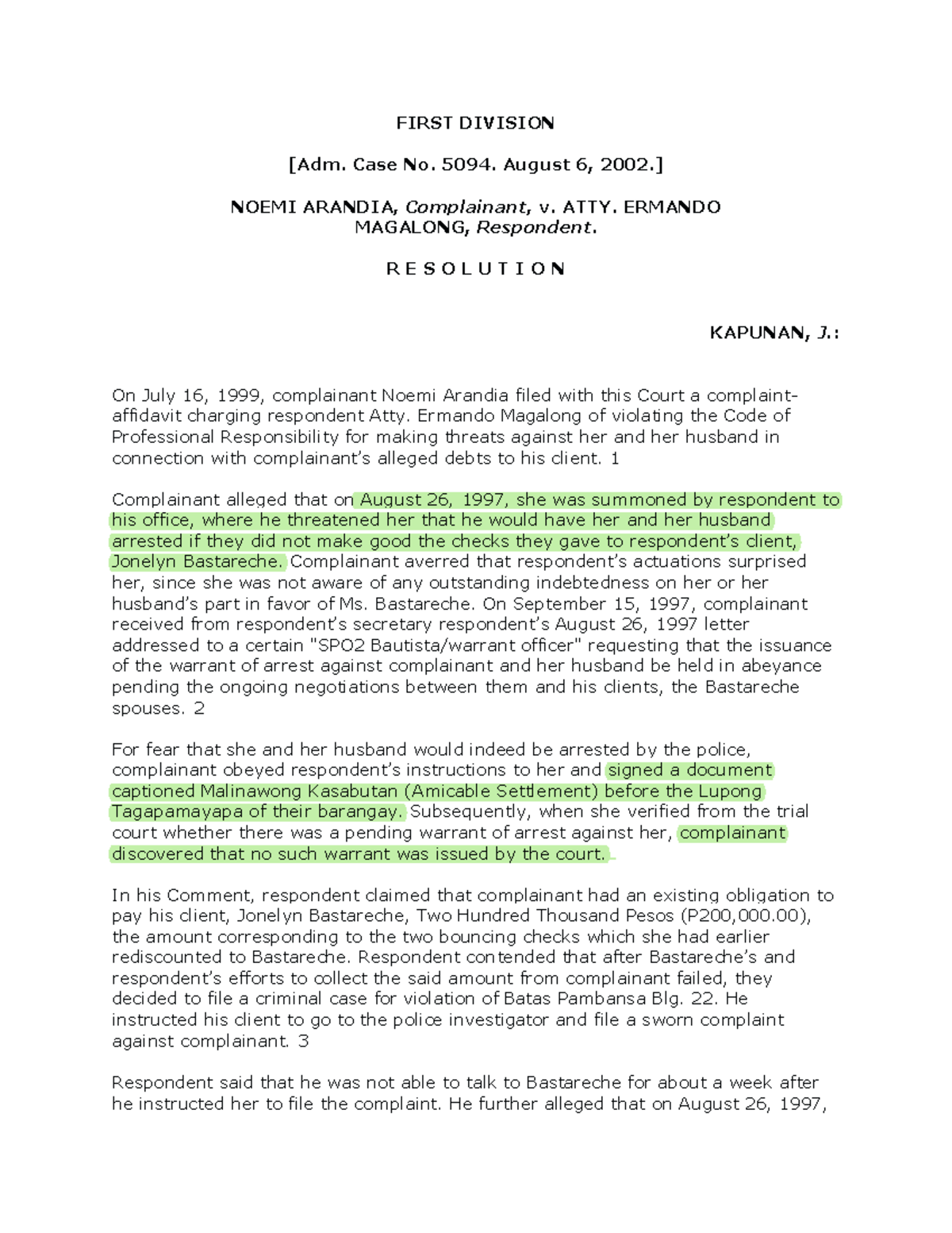 1-arandia v magalong - FIRST DIVISION [Adm. Case No. 5094. August 6 ...