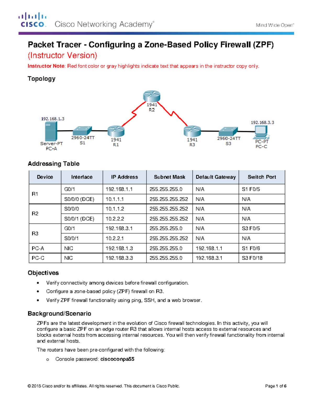 4.4.1.1 Packet Tracer - Configuring a Zone-Based Policy Firewall (ZPF) - (Instructor Version ...