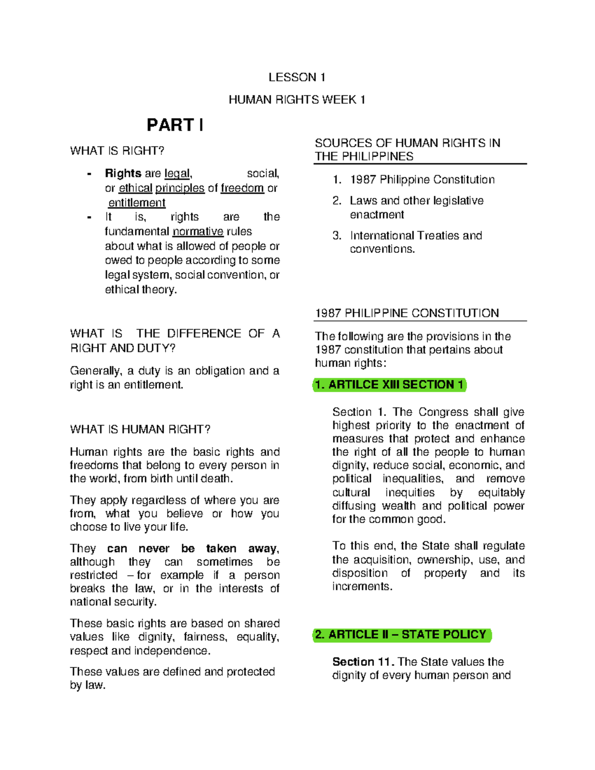 Lesson 1 Human Rights - LESSON 1 HUMAN RIGHTS WEEK 1 PART I WHAT IS ...