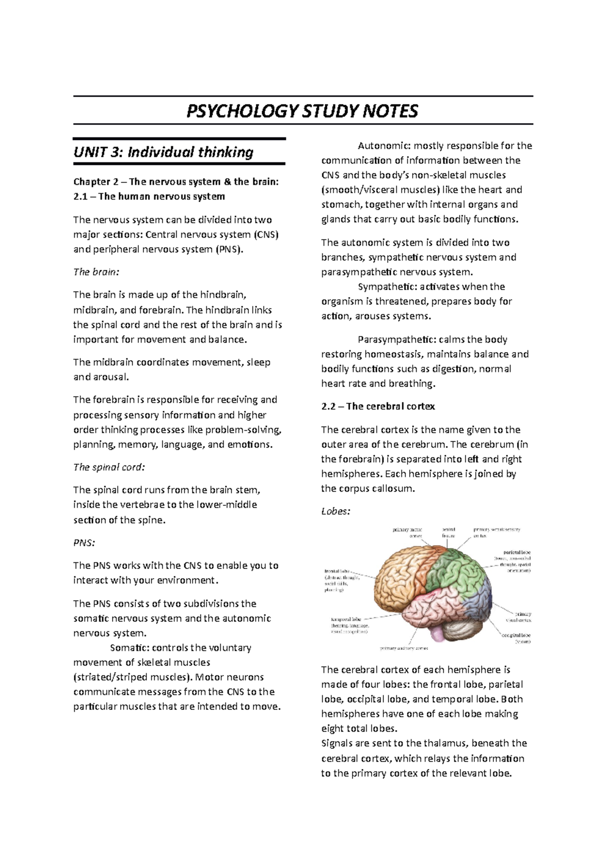 Psychology Study Notes - PSYCHOLOGY STUDY NOTES UNIT 3: Individual ...