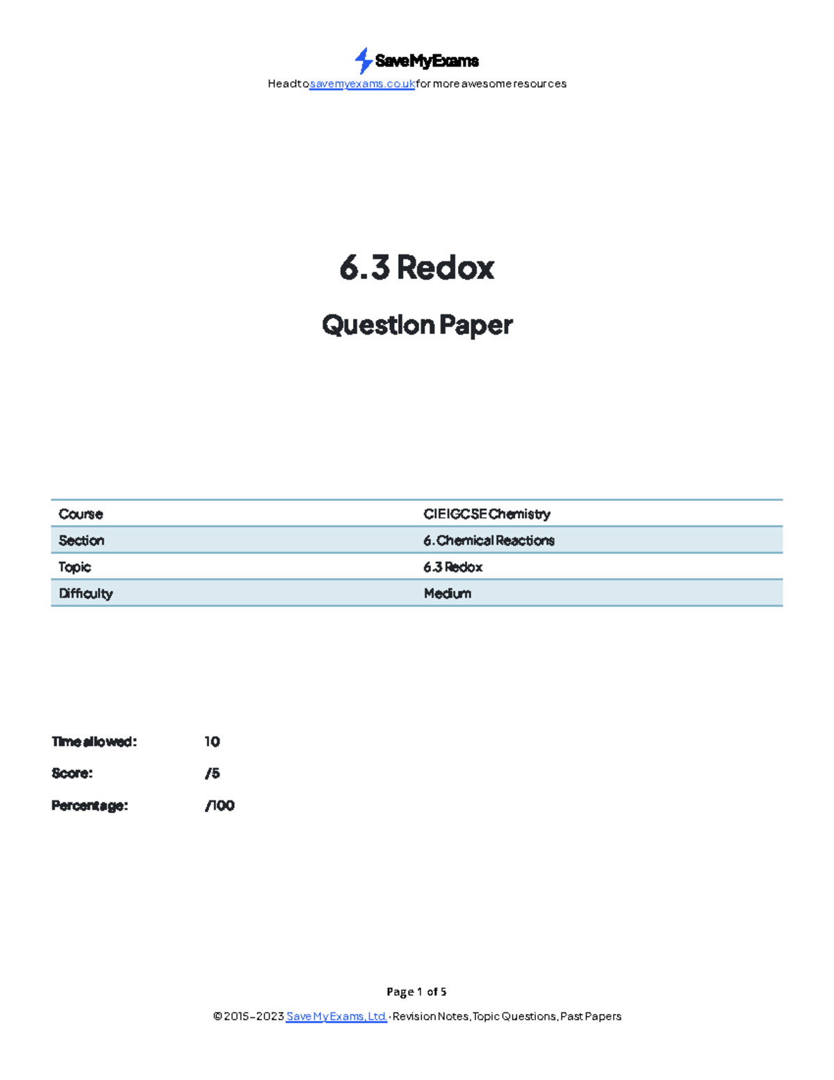 Redox MCQS 2 - Physical chemistry - Page 1 of 5 6 Redox Question Paper ...