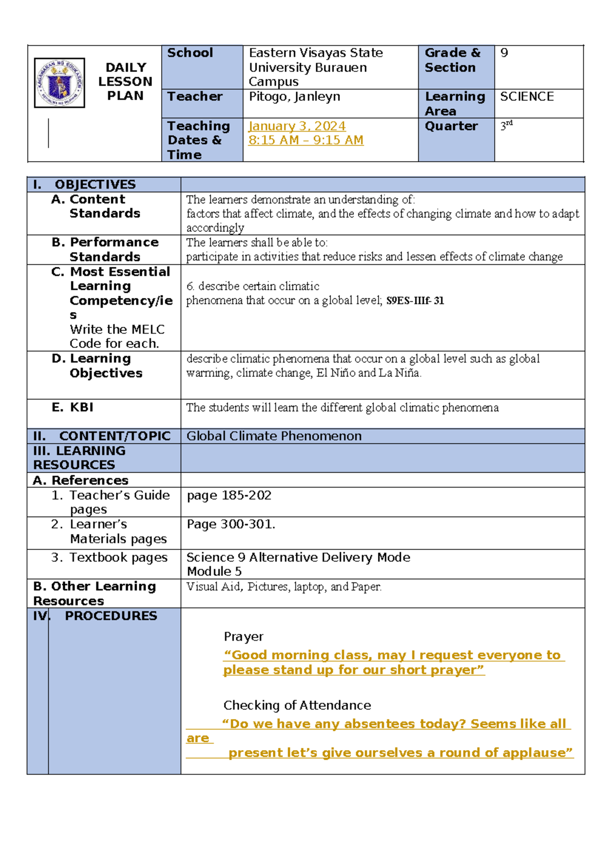 Final Lesson plan - DAILY LESSON PLAN School Eastern Visayas State ...