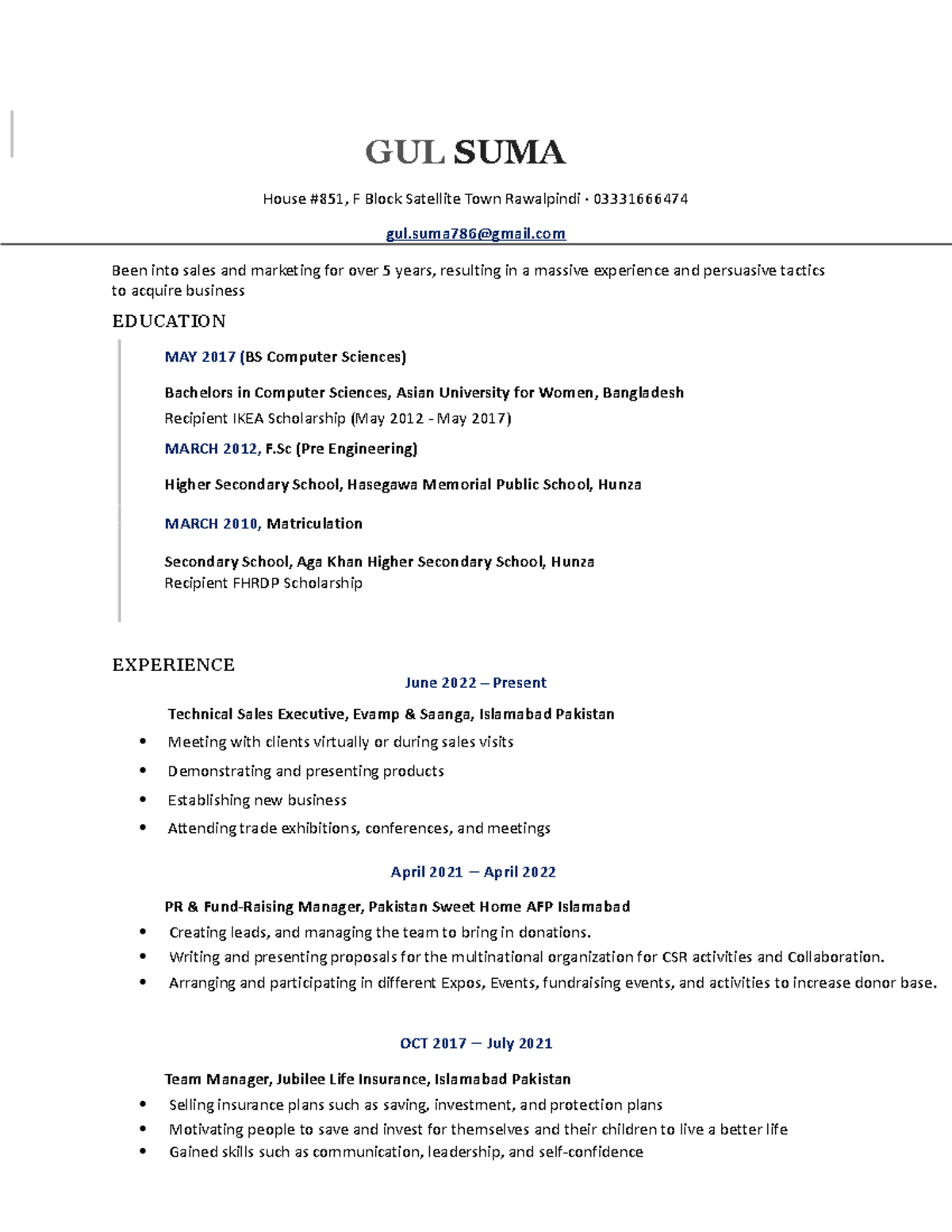 Gul Suma Resume - GUL SUMA House #851, F Block Satellite Town ...