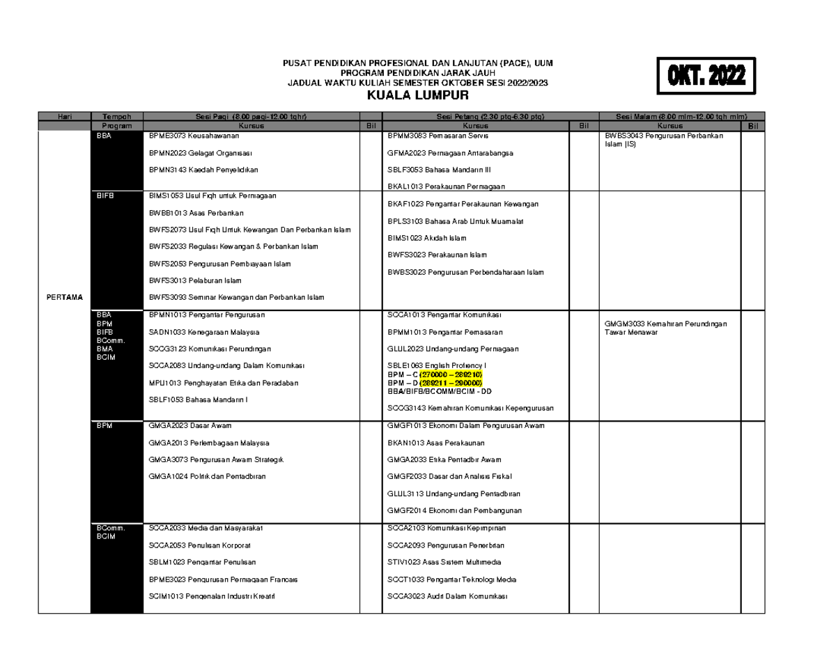 Jadual Kuliah Oktober 2022 KL - PUSAT PENDIDIKAN PROFESIONAL DAN ...