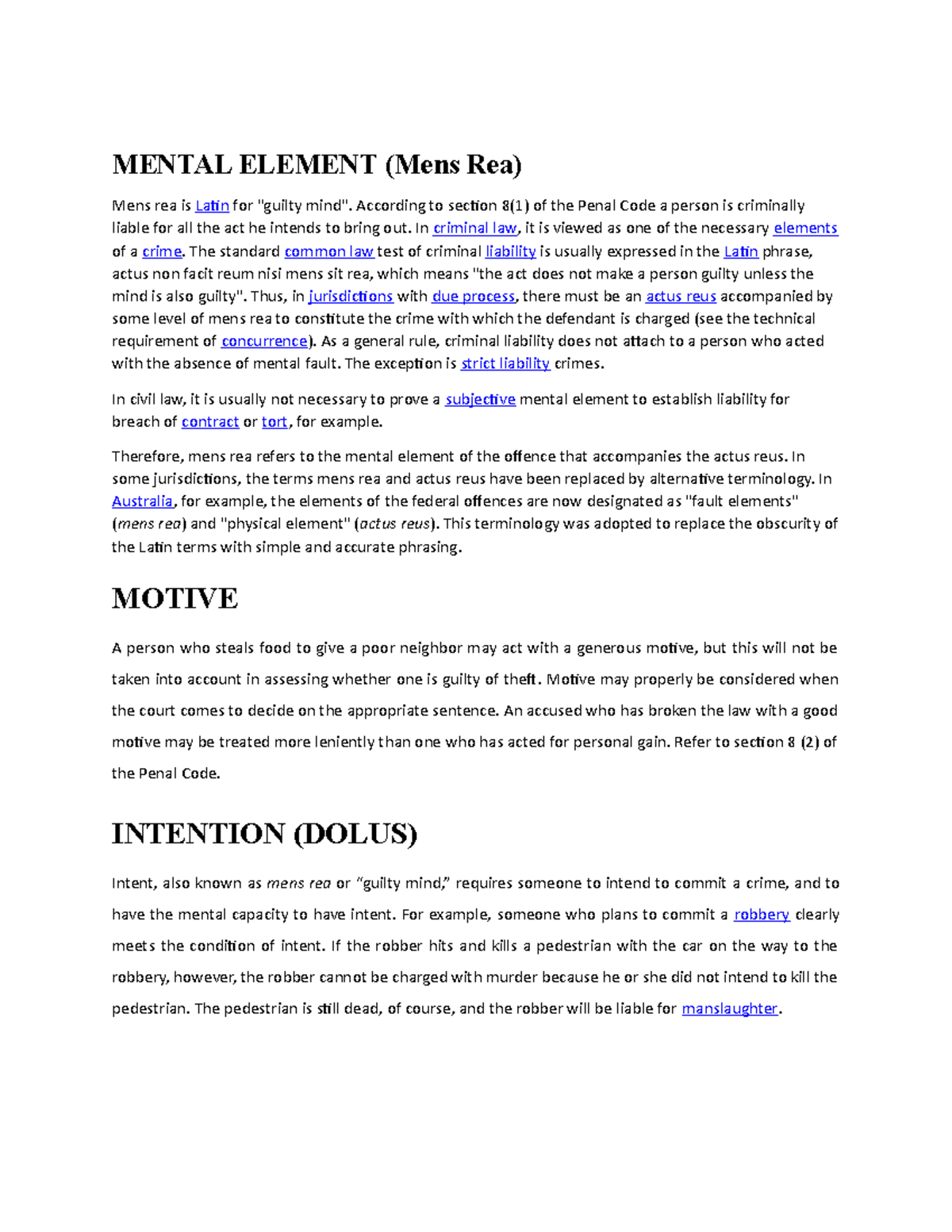 Mental Element-MENS REA - MENTAL ELEMENT (Mens Rea) Mens rea is Latin ...