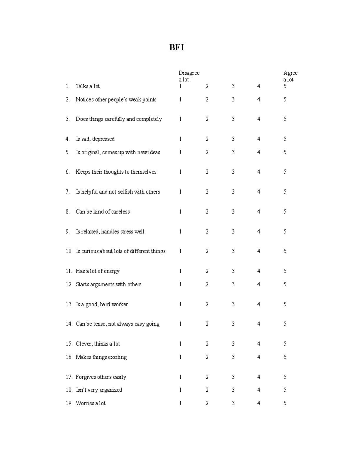 BFI - this is a questionaire for the - BFI Talks a lot Disagreea lot ...