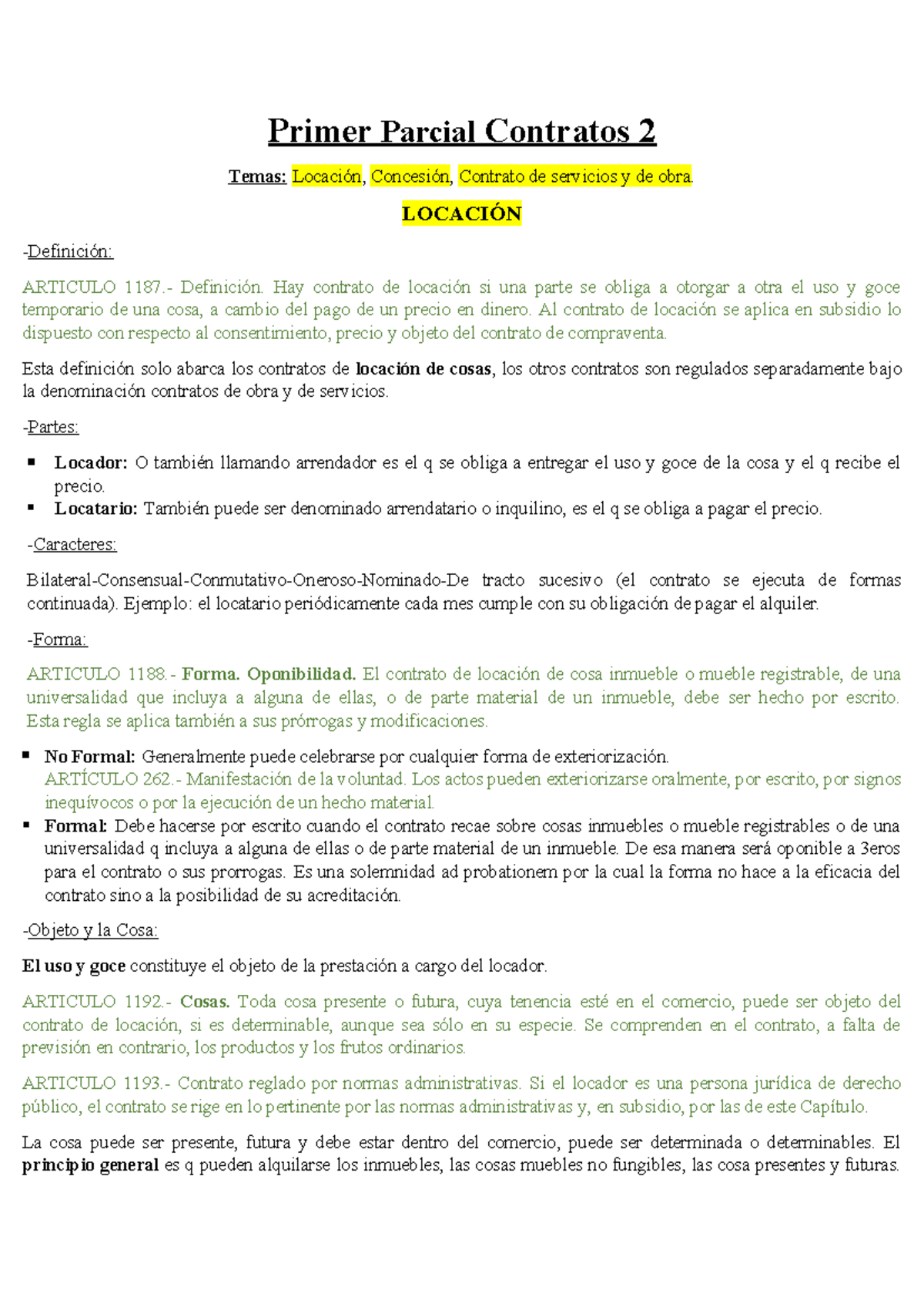 Primer Parcial Contratos 2 - LOCACIÓN Definición: ARTICULO 1187 ...