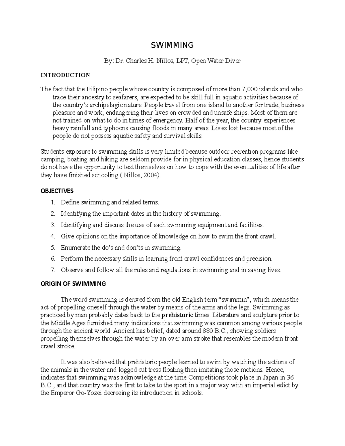 Swimming - notes - SWIMMING : Dr. Charles H. Nillos, LPT, Open Water ...