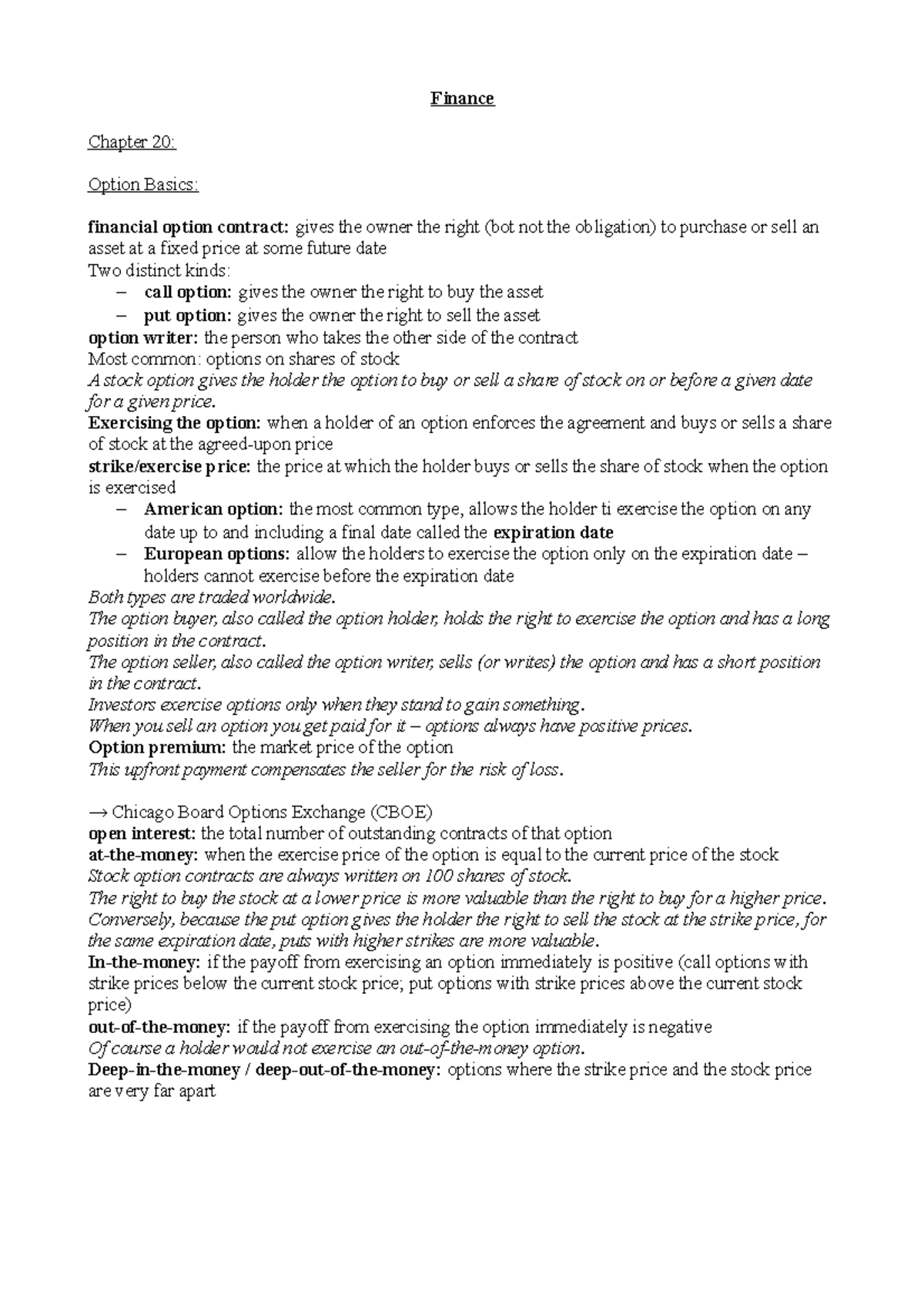 Finance Chapter 20 - Finance Chapter 20: Option Basics: financial option contract: gives the ...