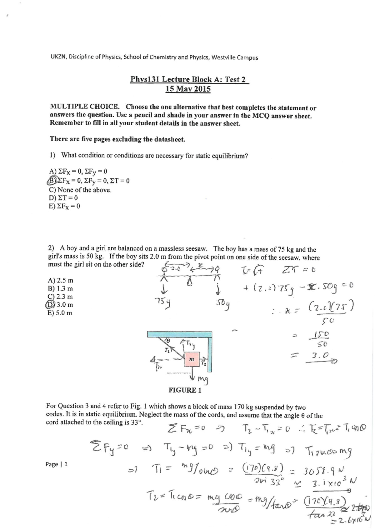 Test 2a Solutions PHYS131 WVL 2015 - PHYS 131 - Studocu