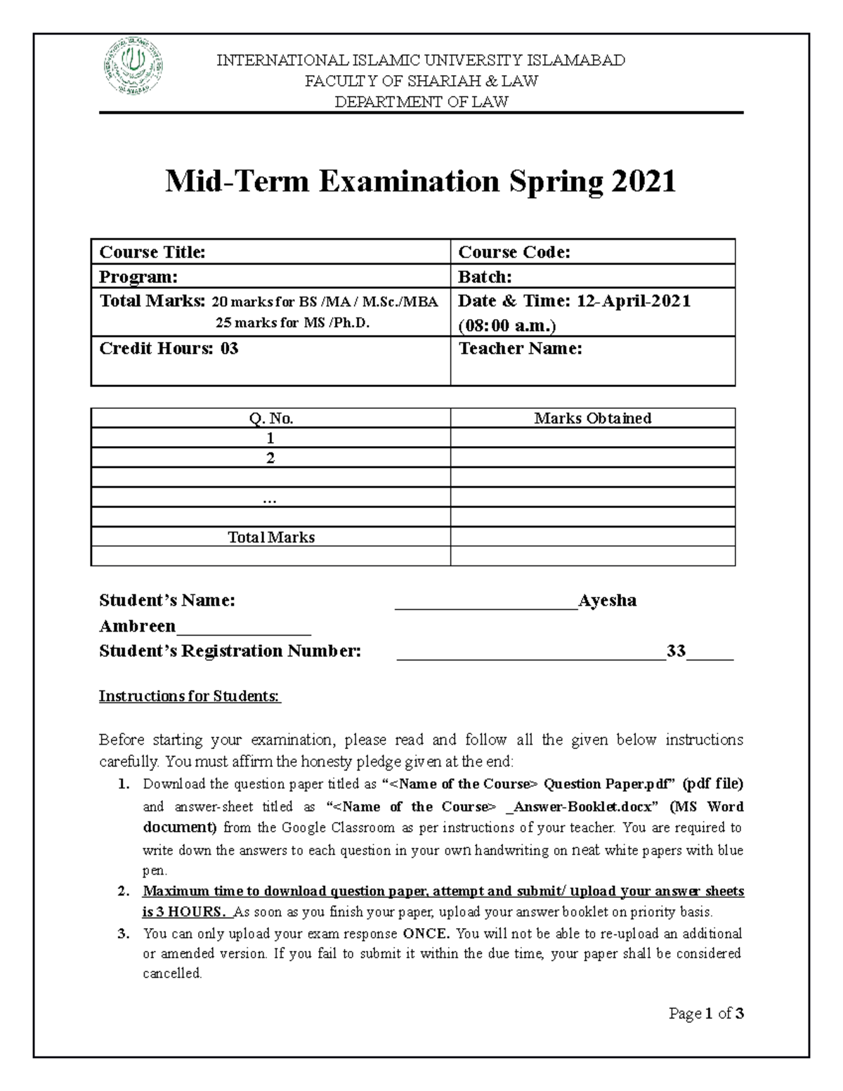 Answer Script for Spring 21 - INTERNATIONAL ISLAMIC UNIVERSITY ...