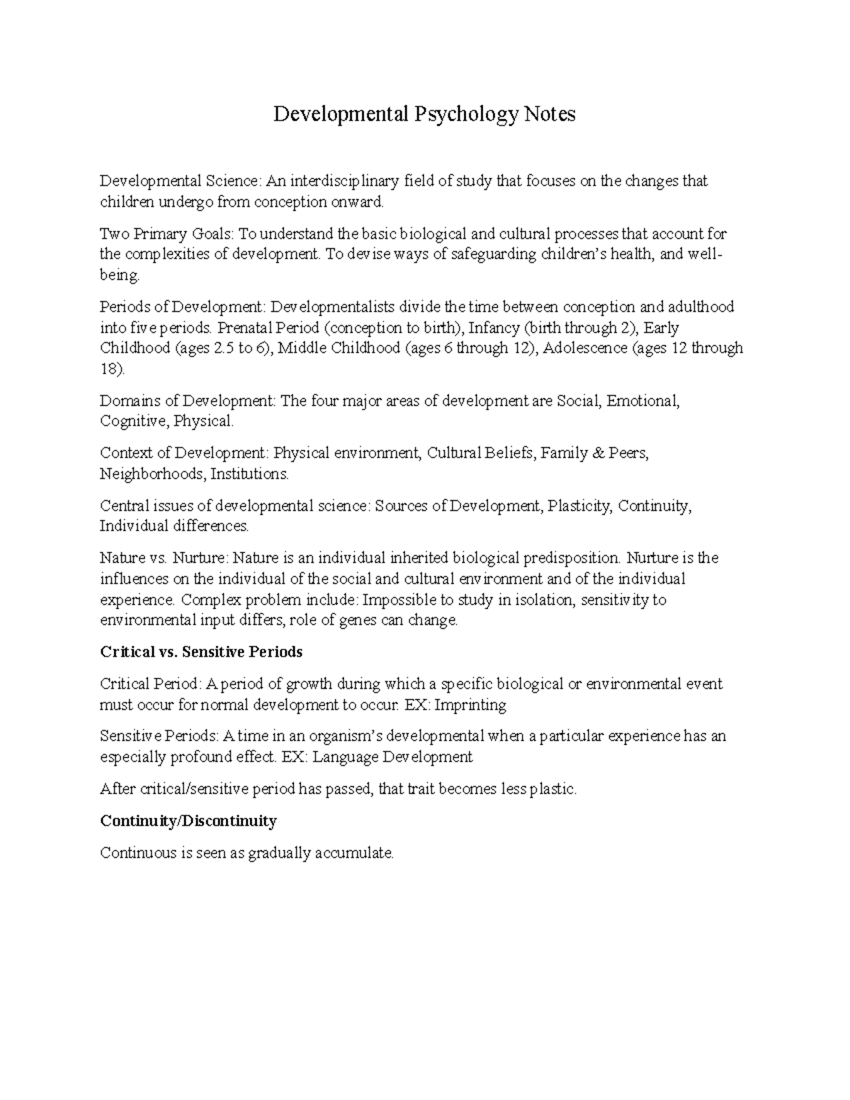 Developmental Psychology Development Notes SHSU - Developmental ...