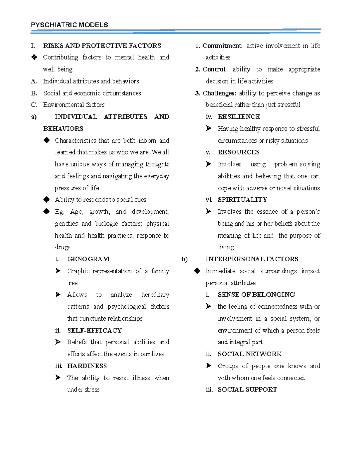 Psychiatric Models - Nursing Notes - I. RISKS AND PROTECTIVE FACTORS ...