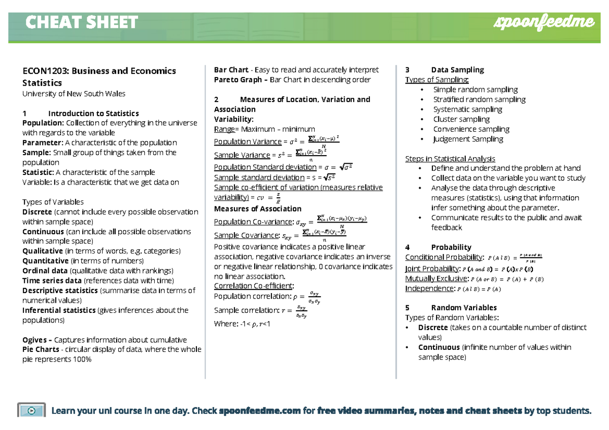 ECON1203 Business and Economic Statistics Cheatsheet - ECON1203 ...