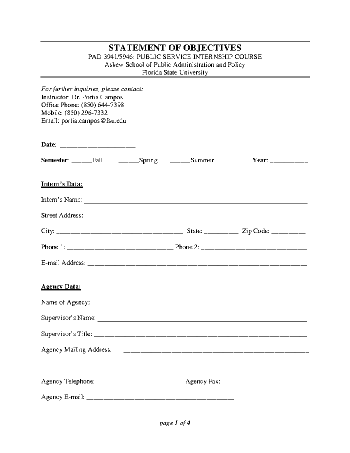 Public Service Internship Statement OF Objectives - STATEMENT OF ...