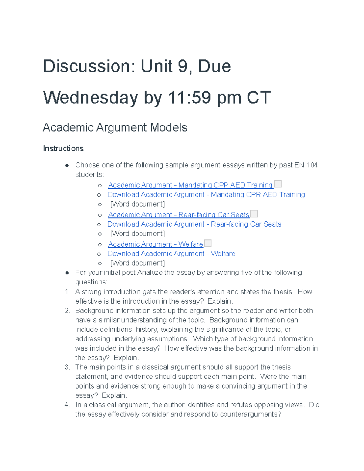 Unit 9 Discussion - Academic Argument Models - 3 Discussion: Unit 9 ...