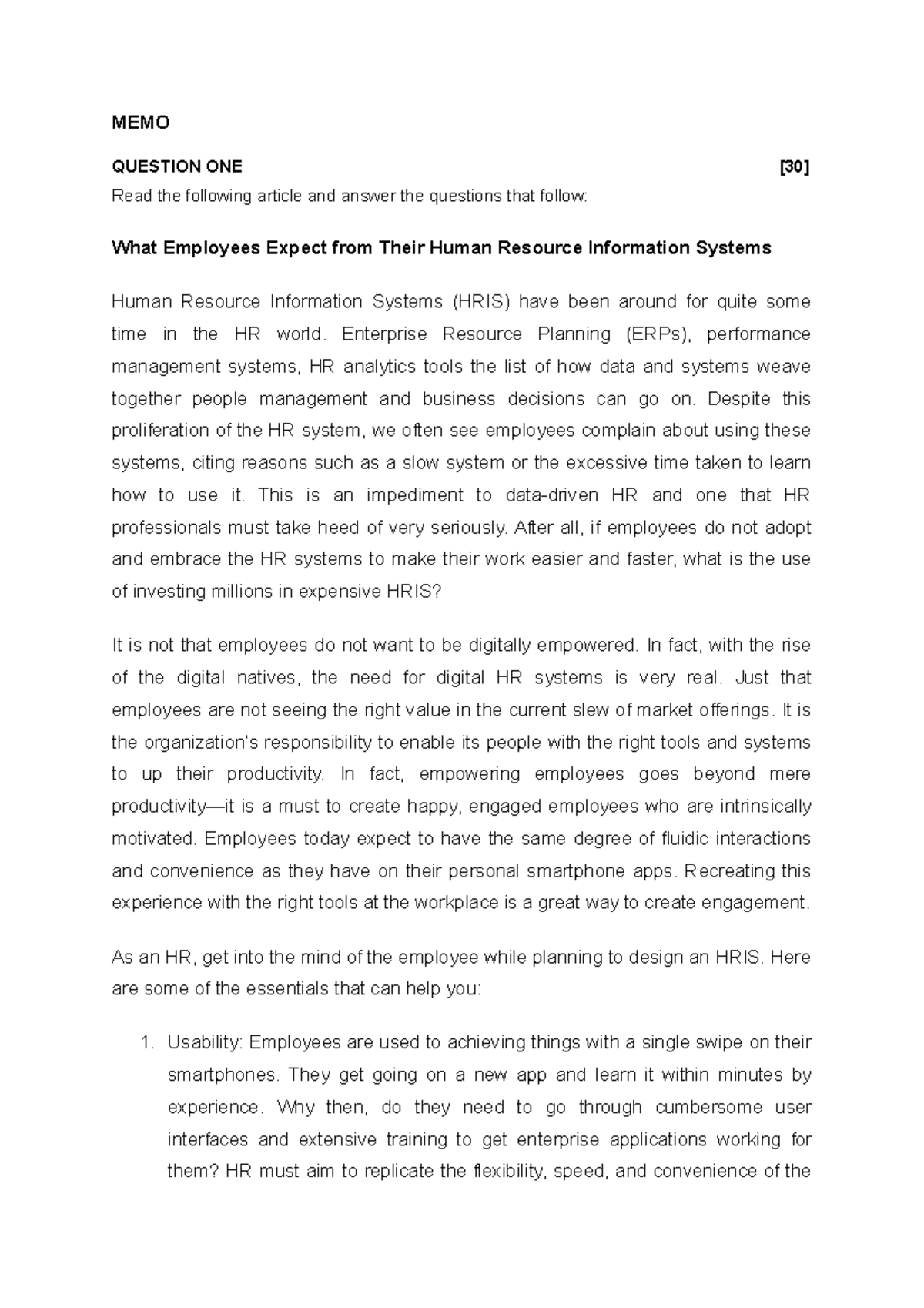 Bcomhr HRIS MEMO - MEMO QUESTION ONE [30] Read the following article ...