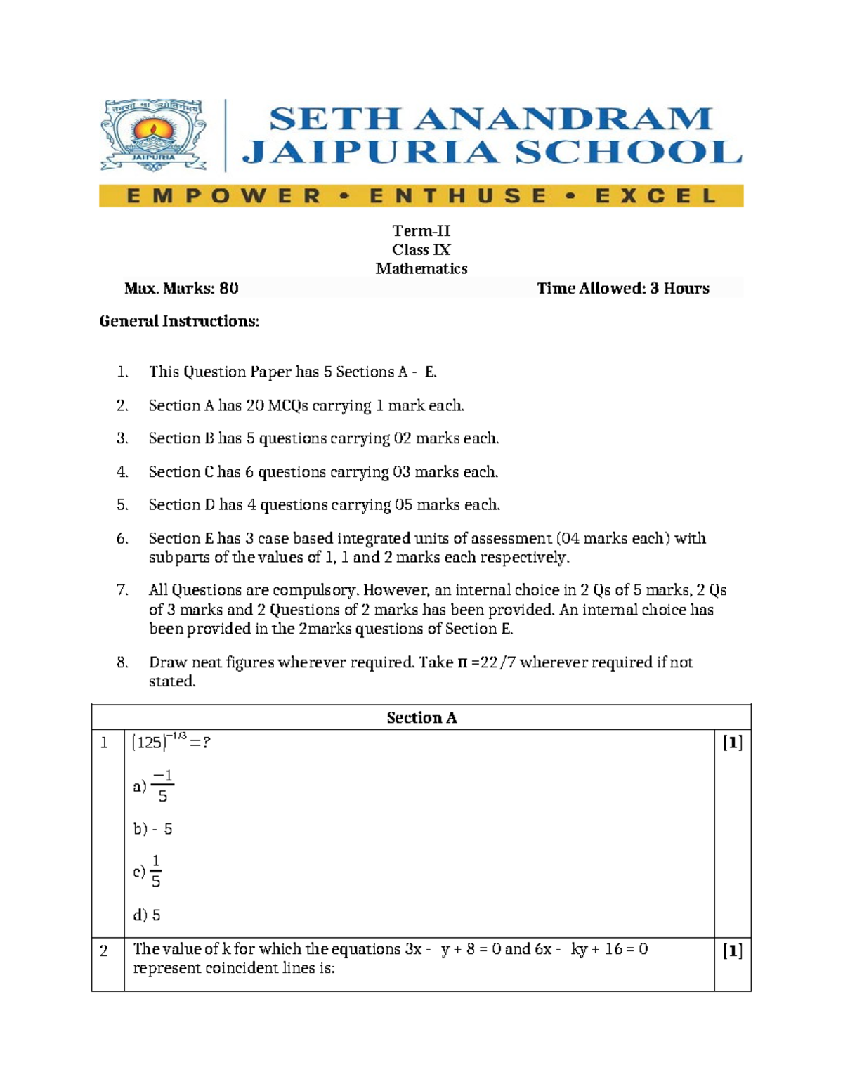 Class 9 Math OK - Sbsjsish - Term-II Class IX Mathematics Max. Marks ...