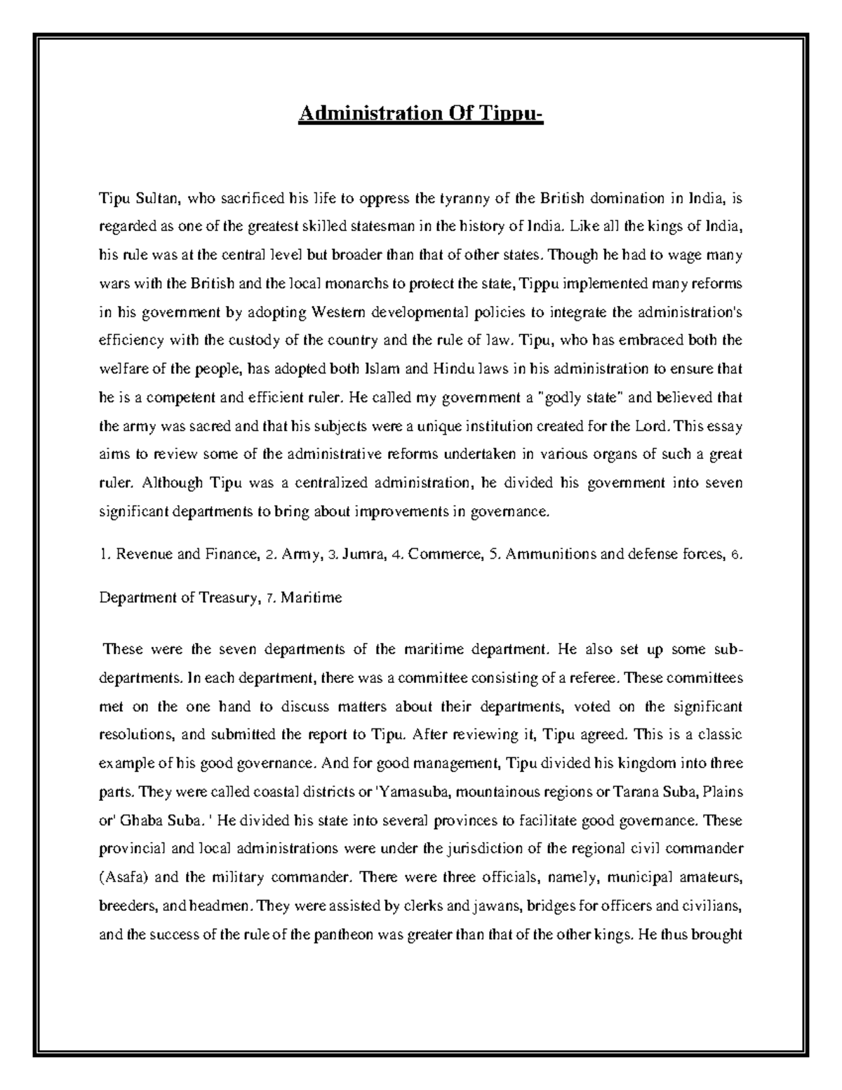 Tippu - Notes - Administration Of Tippu- Tipu Sultan, who sacrificed ...