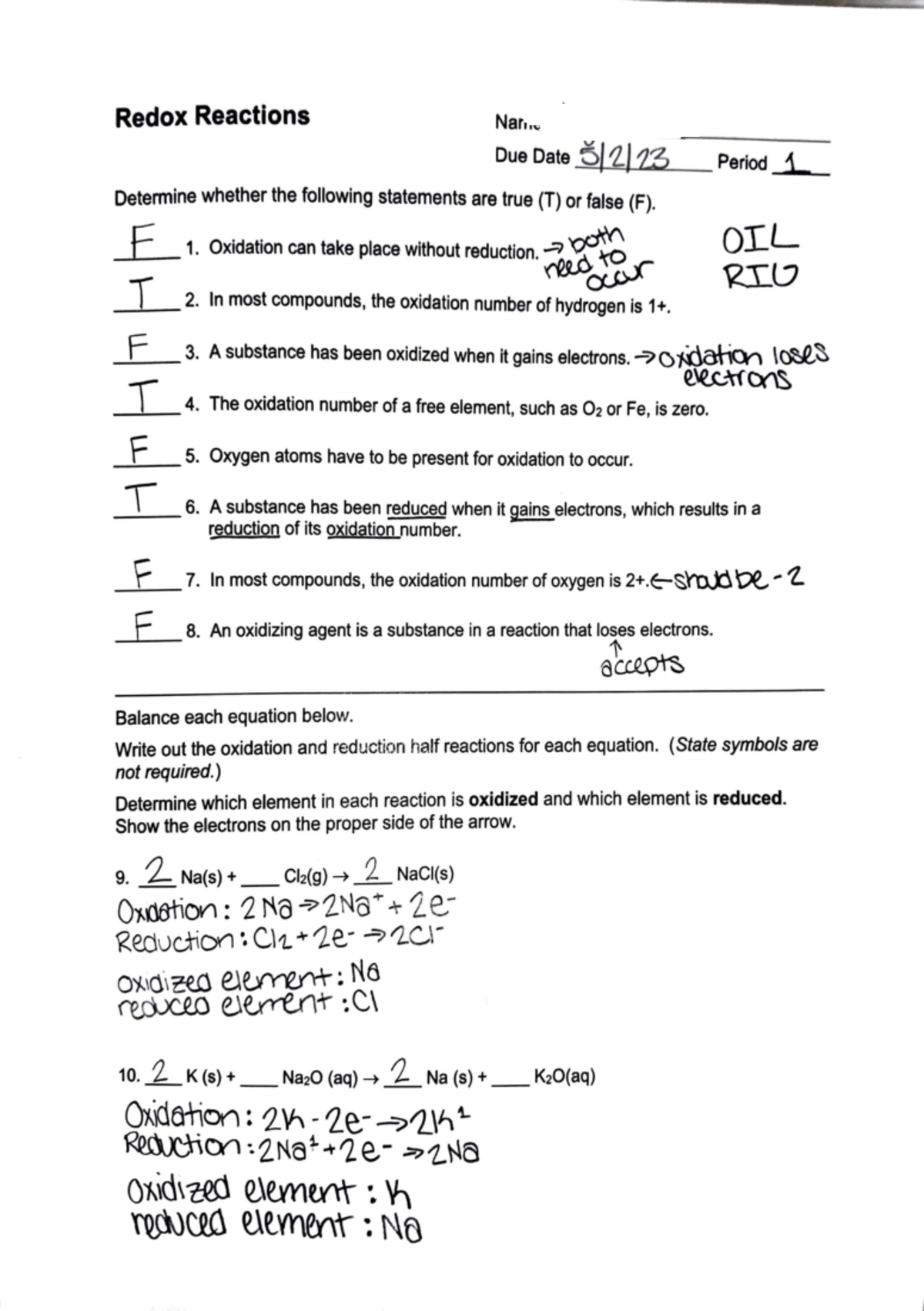 Redox Ws - Chemistry Worksheets - Redox Reactions Name \j ~Jw ~ Due ...