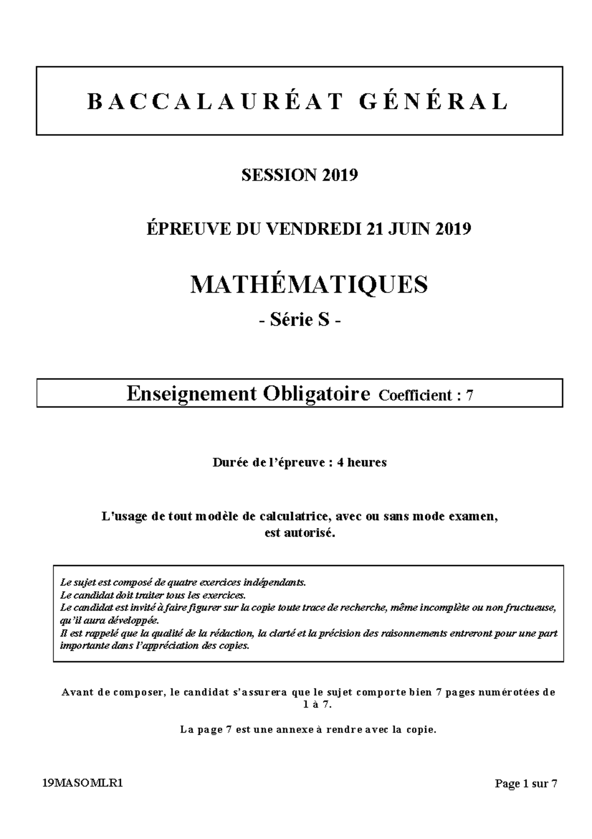mathematique bac s - BACCALAURÉAT GÉNÉRAL SESSION 2019 ÉPREUVE DU ...