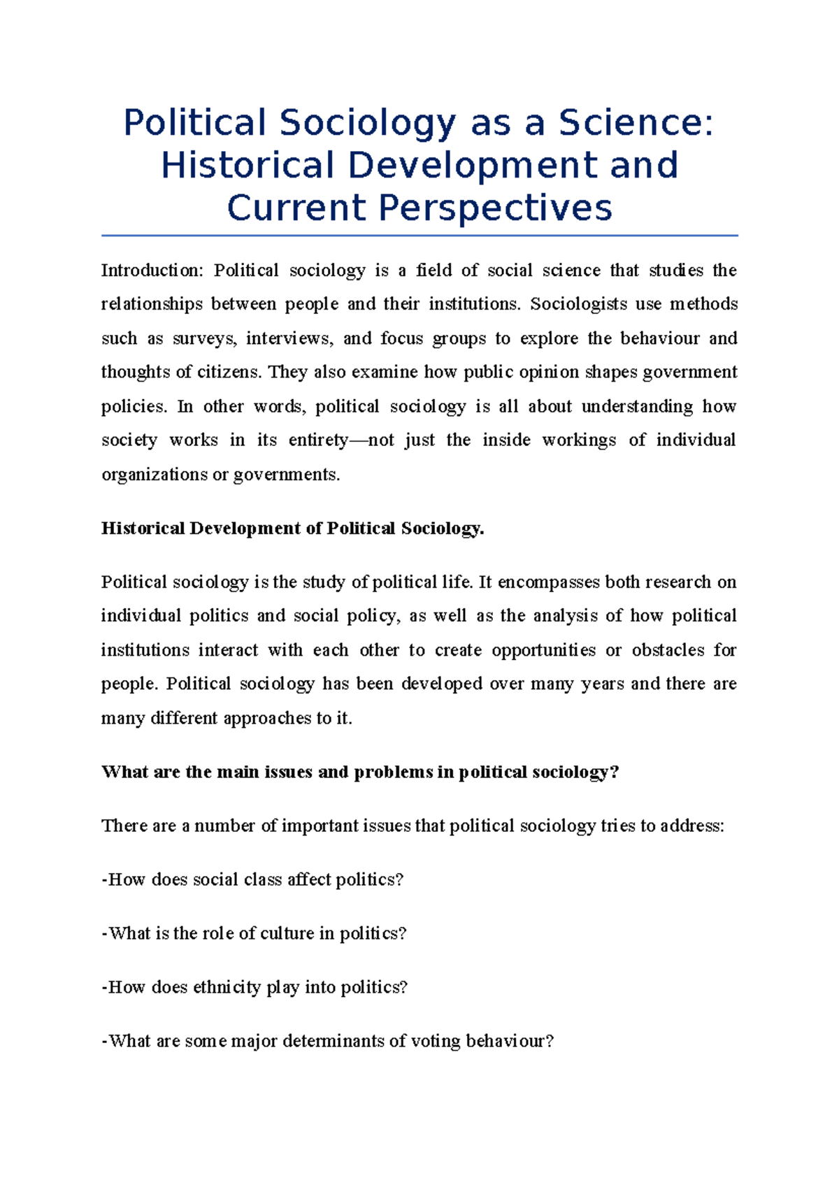 Political Sociology as a Science, Historical Development and Current ...