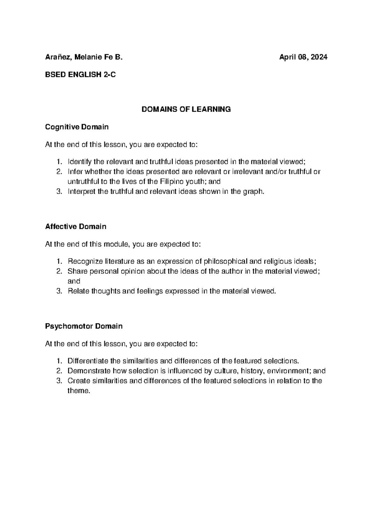 CAP Learning Objectives - Arañez, Melanie Fe B. April 08, 2024 BSED ...
