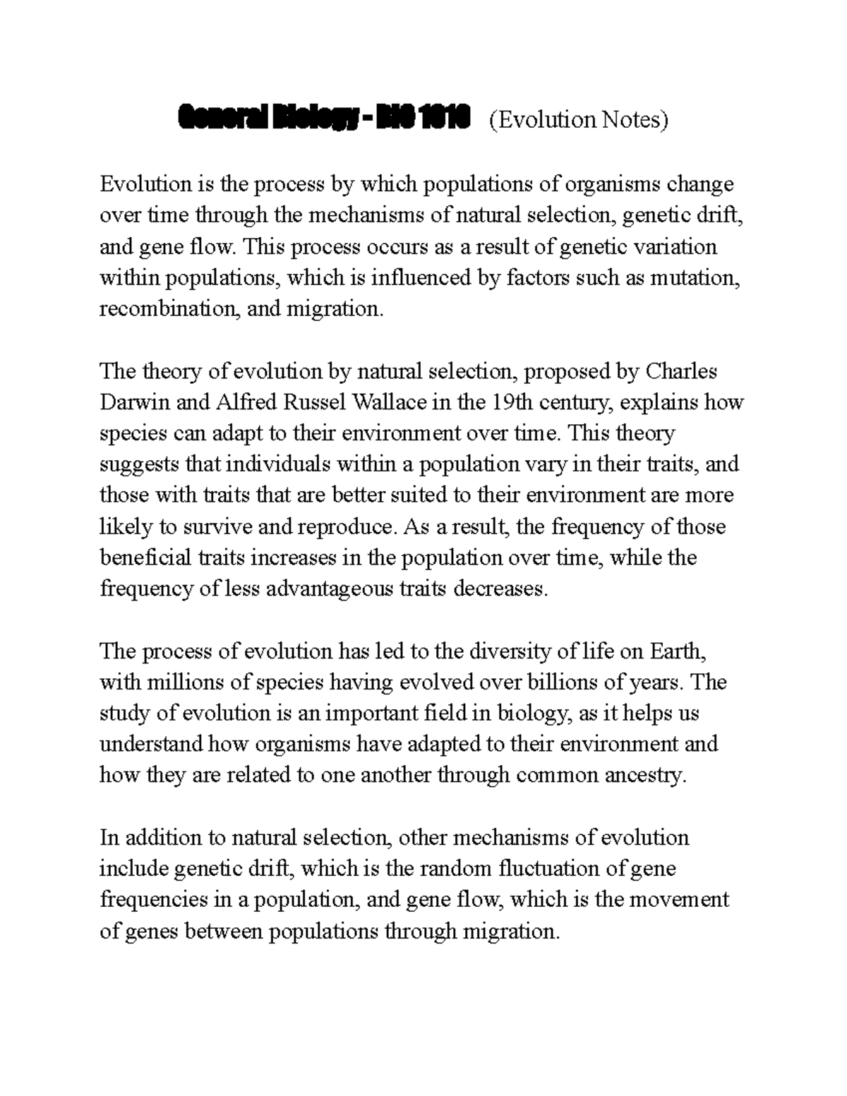 BIO - Evolution Notes - General Biology - BIO 1010 (Evolution Notes ...