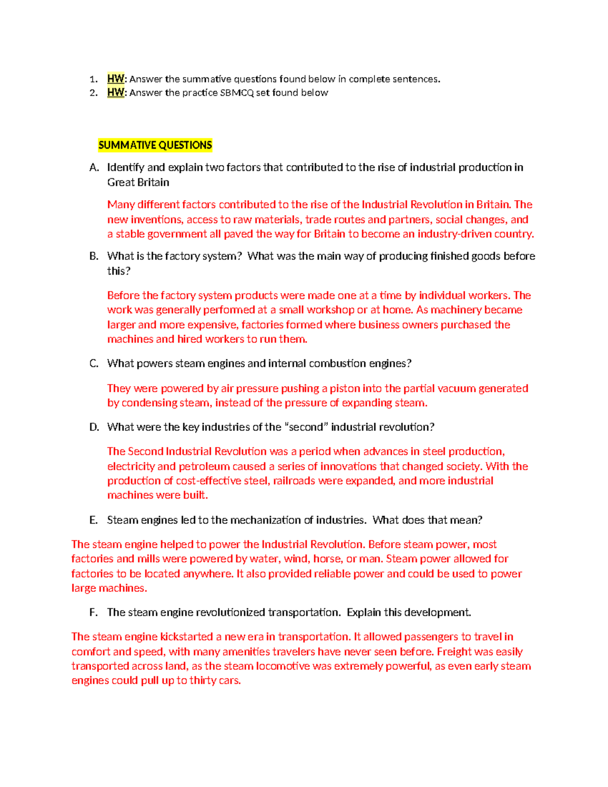 1-21 Industrial Revolution Summative Work - 1. HW: Answer the summative ...