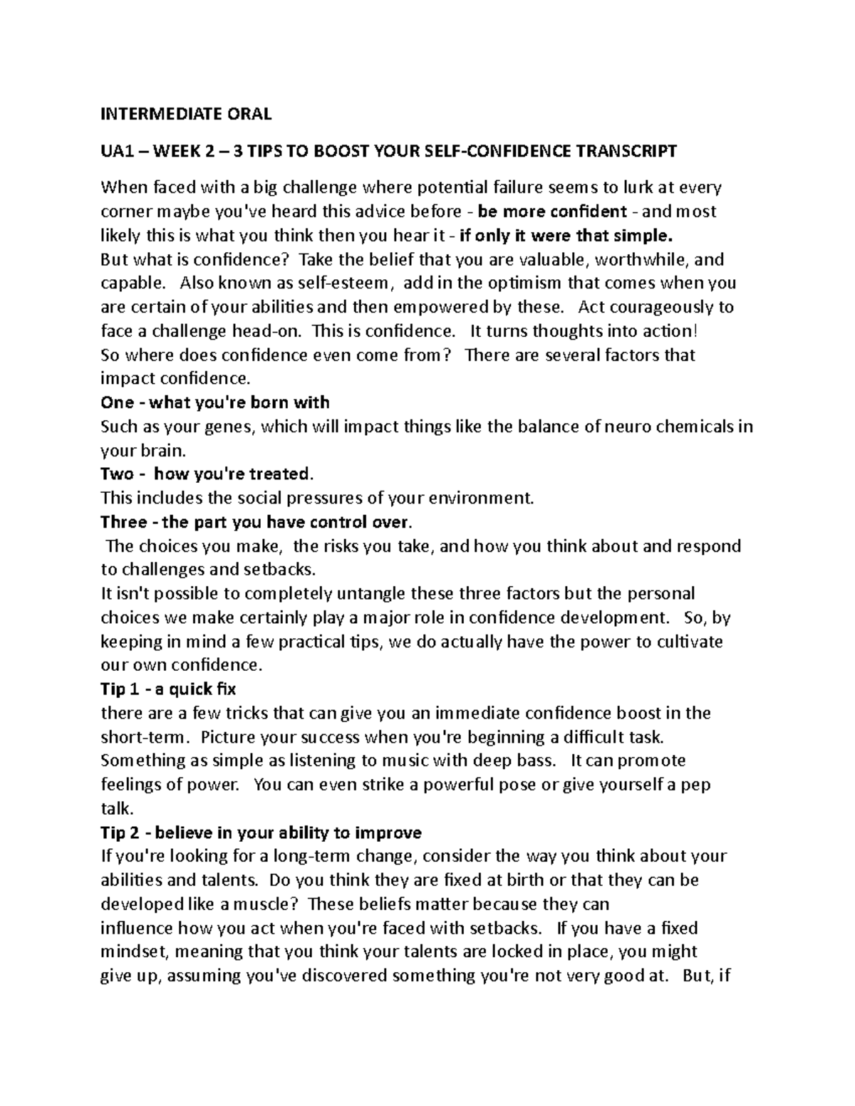 UA1 - WEEK 2 - 3 TIPS TO Boost SELF- Confidence Transcript ...