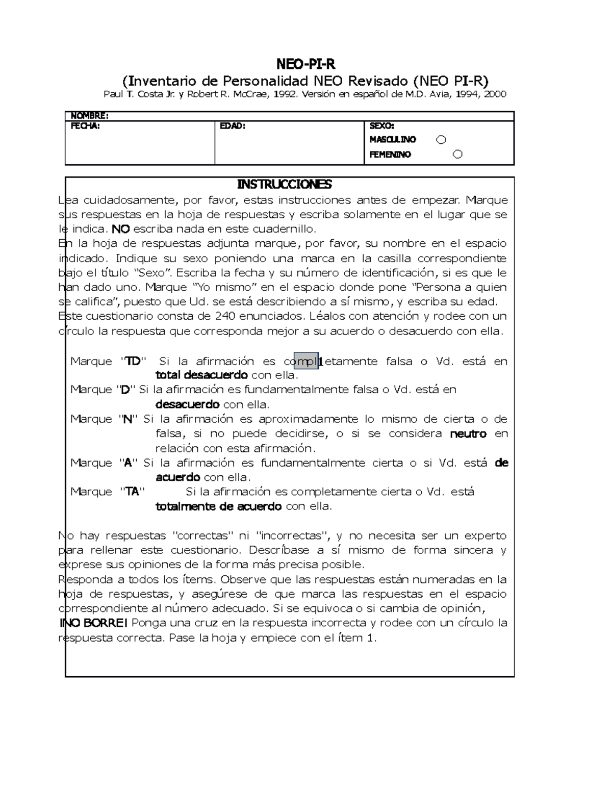 Neo-pi-r - Apuntes - NEO-PI-R (Inventario de Personalidad NEO Revisado ...