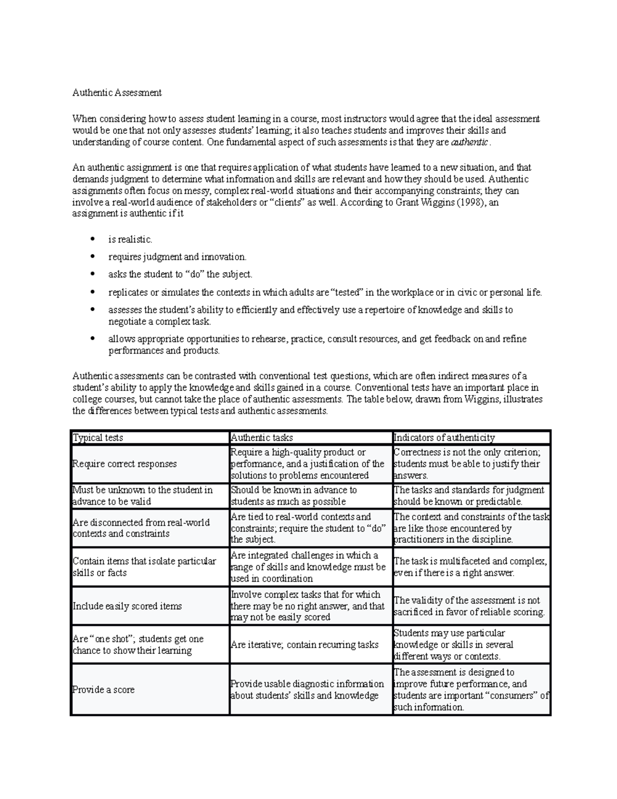 Assessment - Authentic Assessment When considering how to assess ...