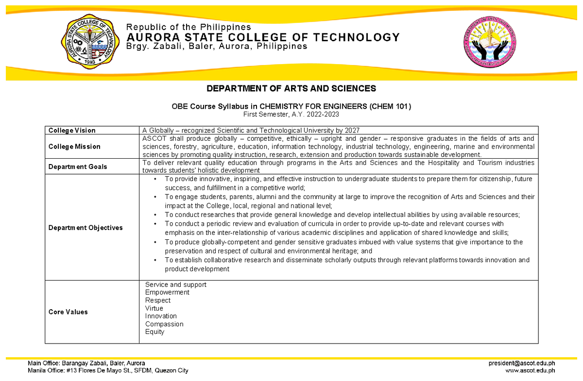 OBE CHEM101 Syllabus - DEPARTMENT OF ARTS AND SCIENCES OBE Course ...