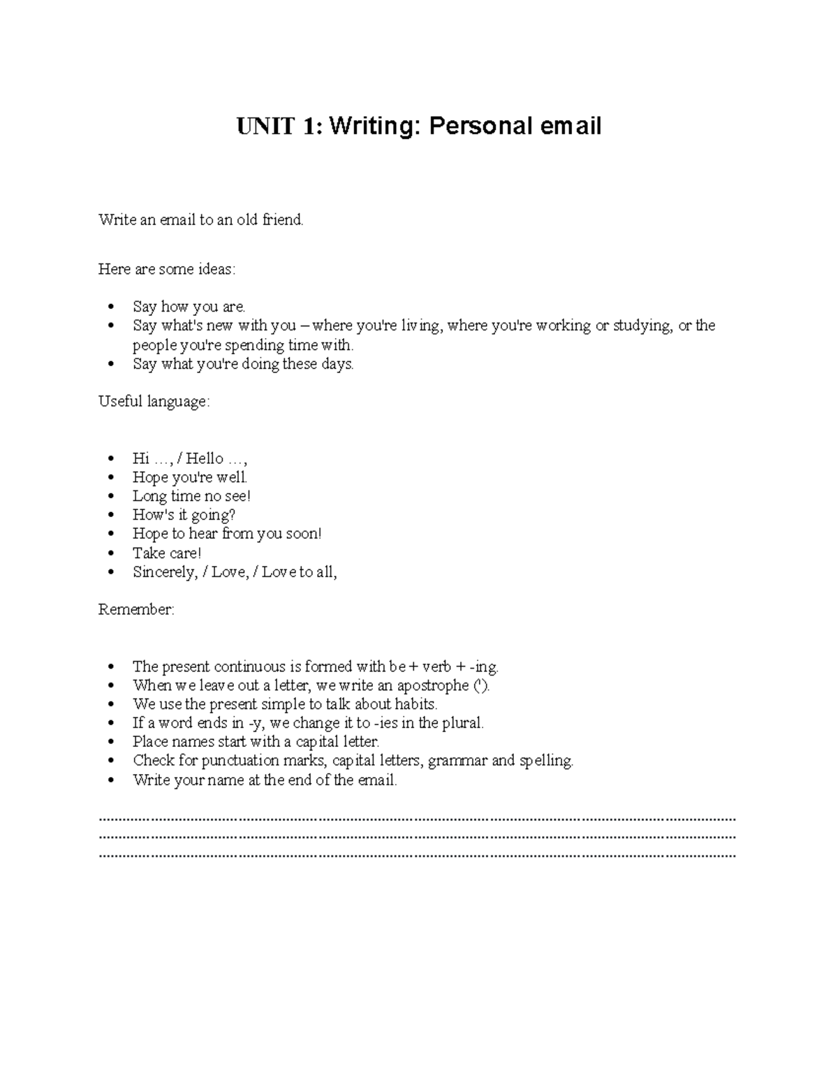 đề Writing Portfolios F3 - UNIT 1: Writing: Personal email Write an ...