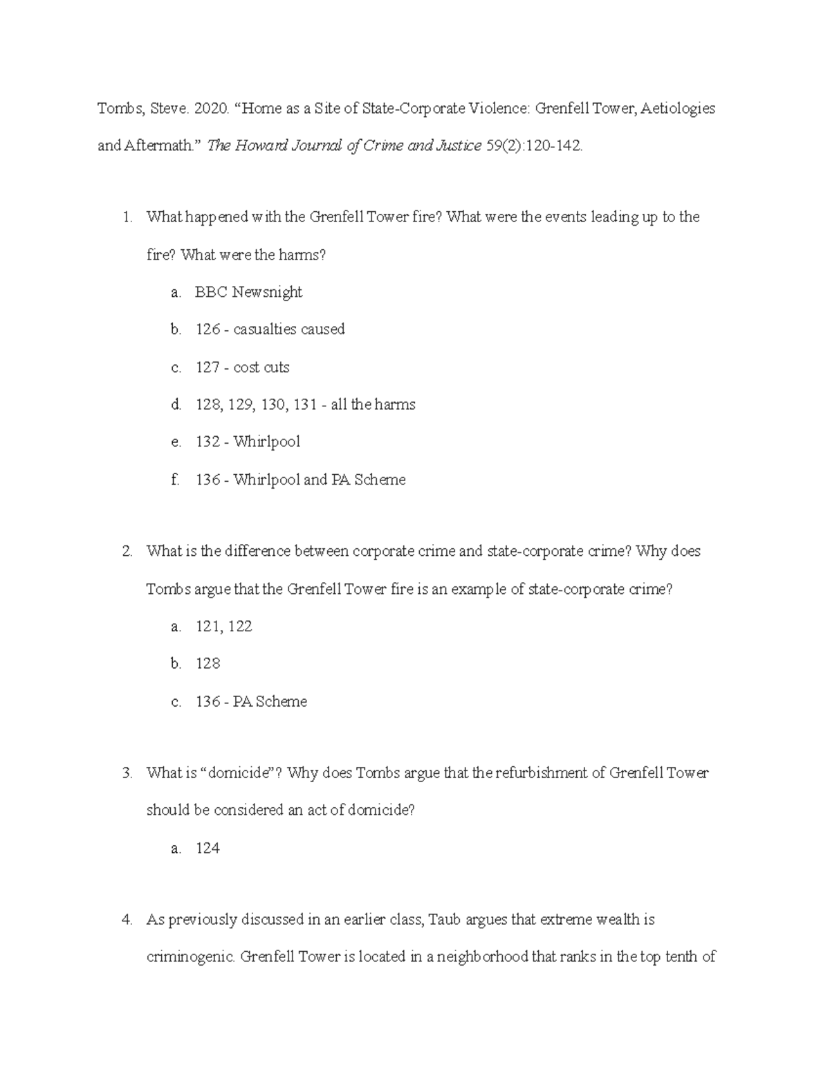CRM 216 - 2 24 Class Reading Discussion Questions - Tombs, Steve. 2020 ...