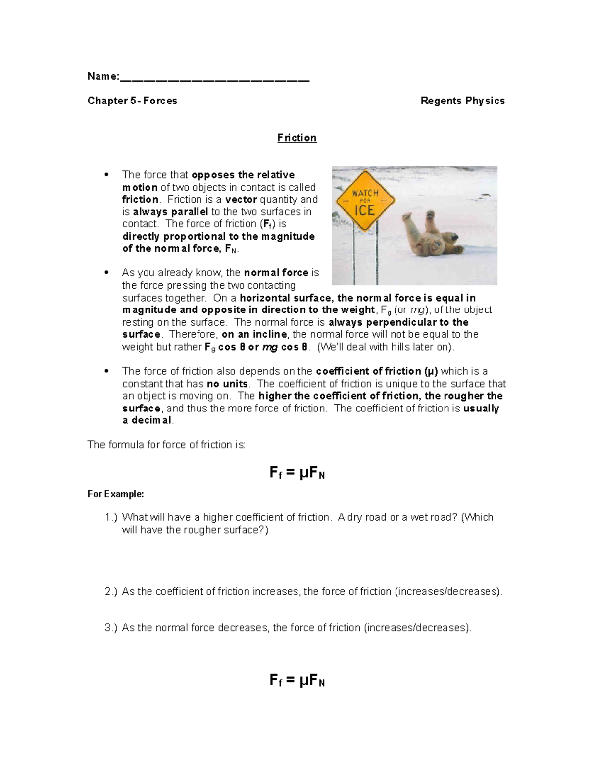 Force notes 3- friction - Name:________________________________ Chapter ...